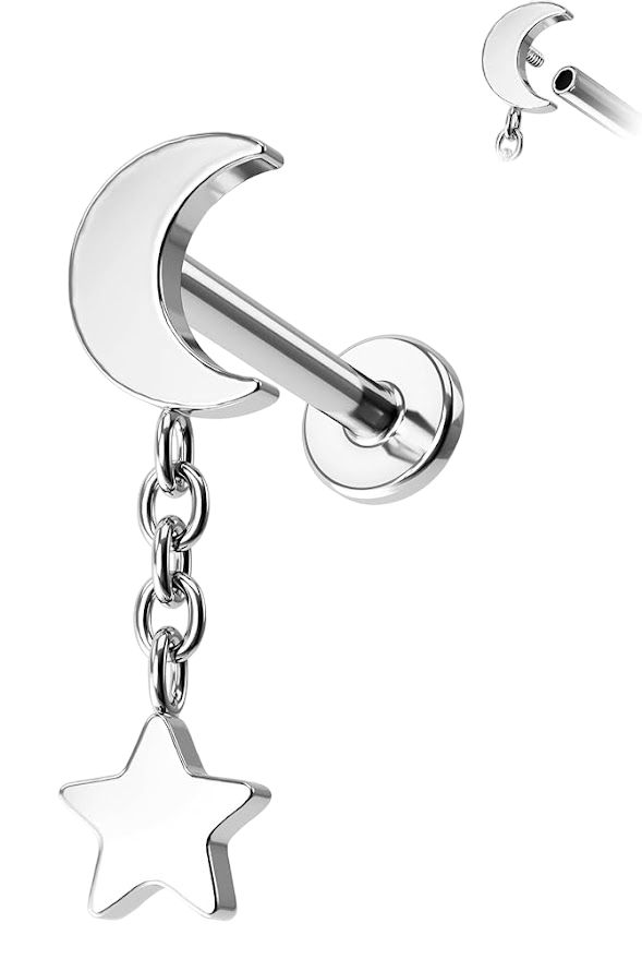 Moon Crescent with Star Chain Dangle Internal Threaded Titanium End | Poppy's Parlour, LLC